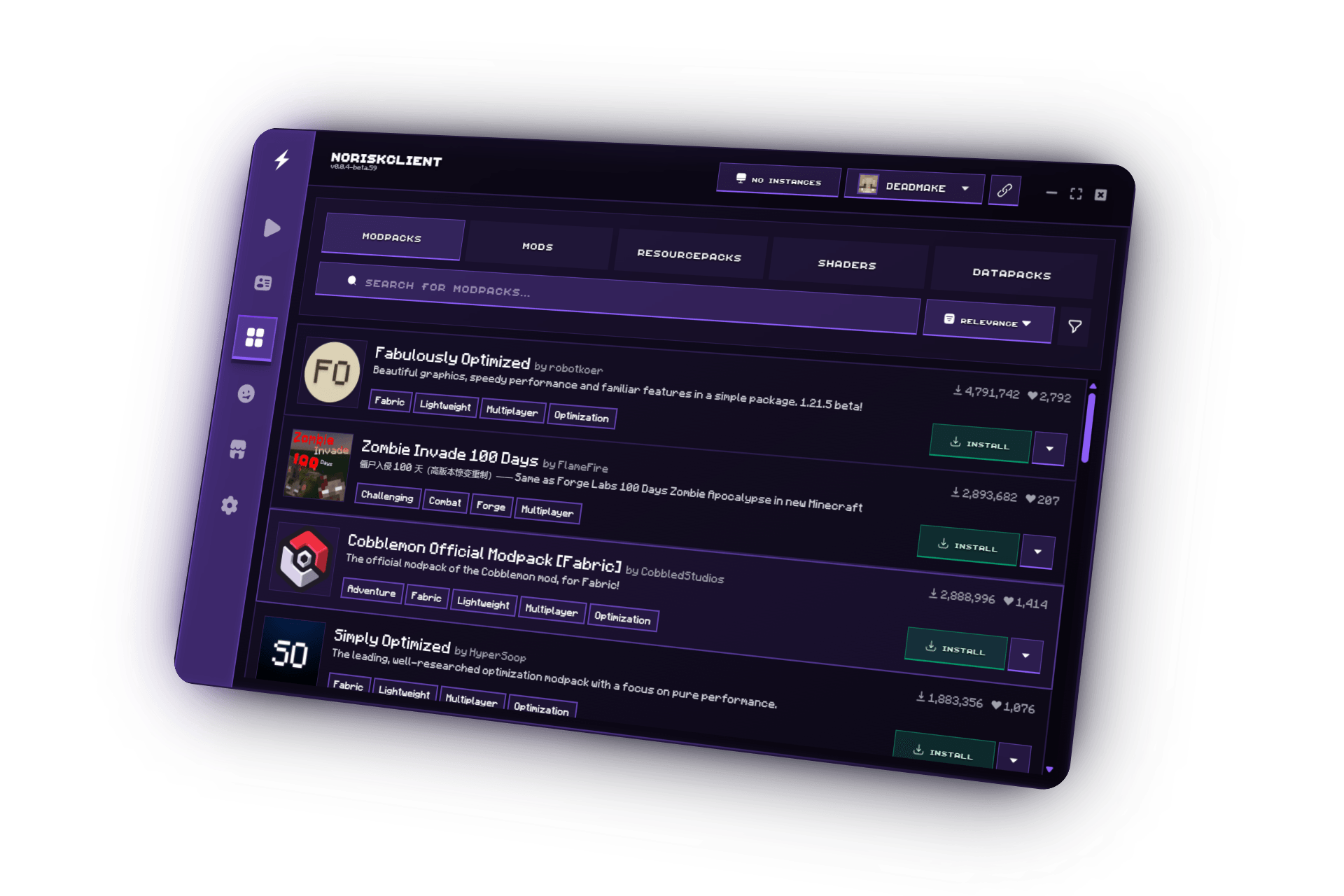 NoRisk Client Launcher displaying available modpacks