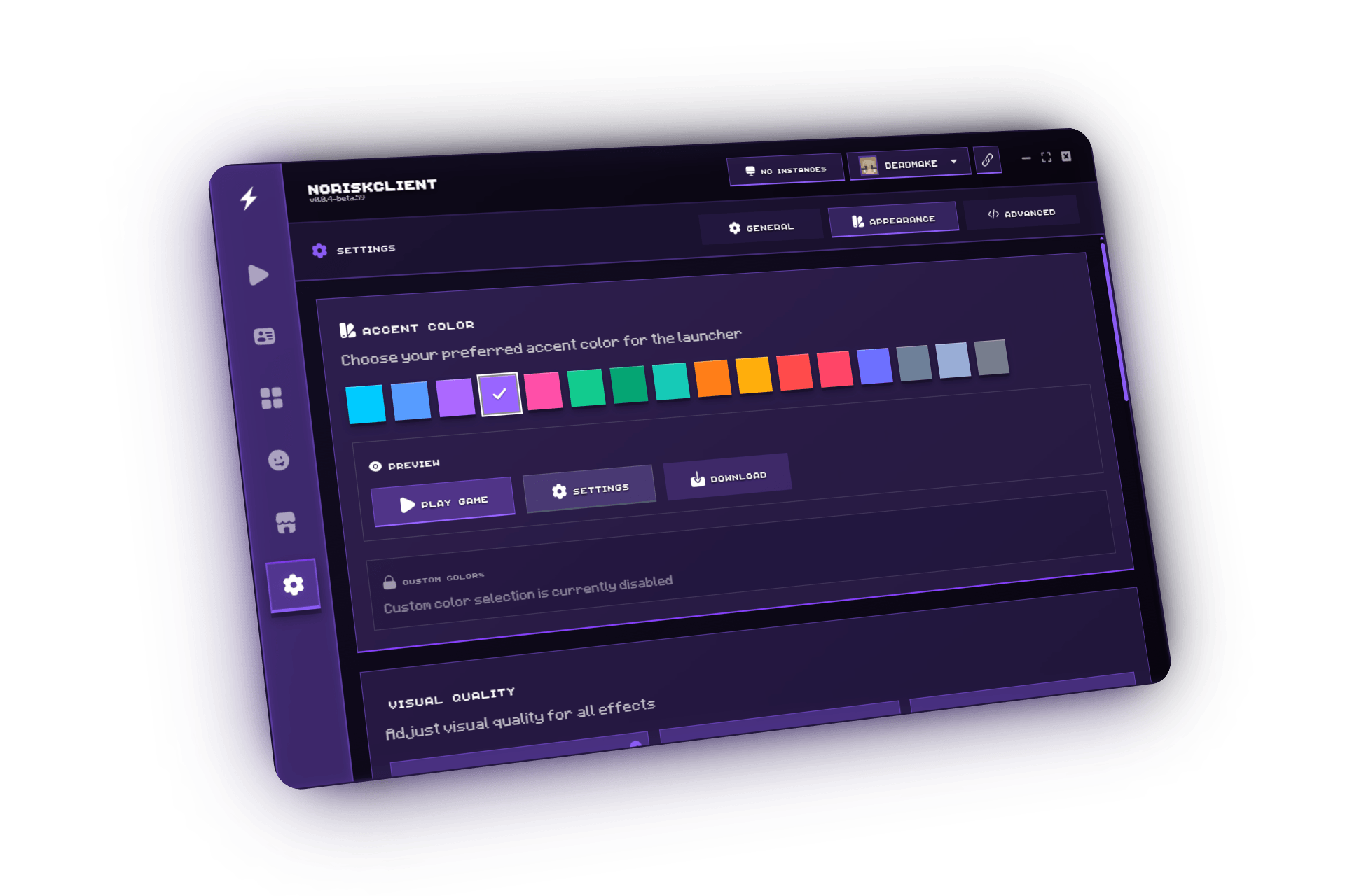 NoRiskClient Launcher displaying theme customization options